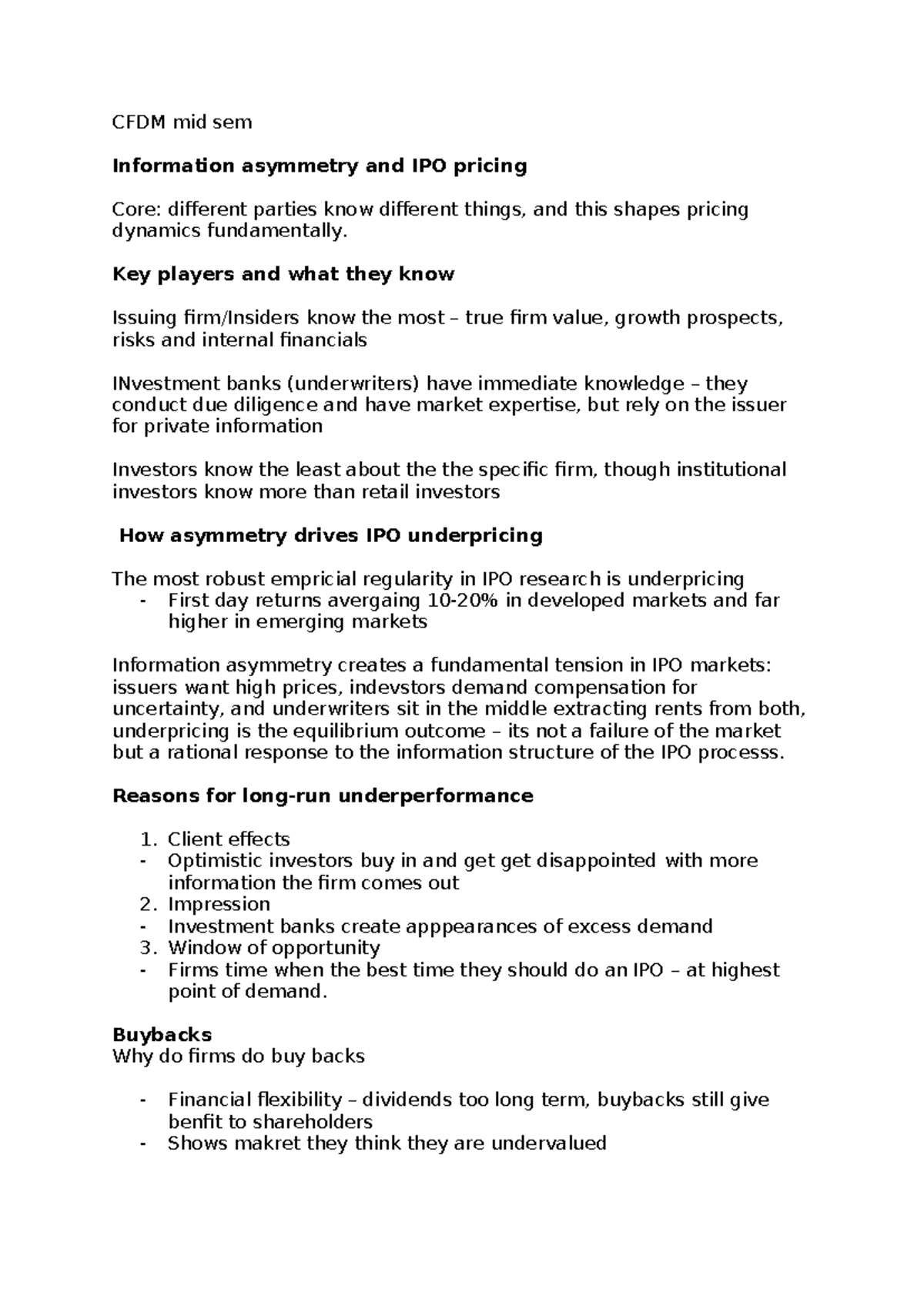 CFDM Mid Sem Notes: Information Asymmetry & IPO Pricing Dynamics - Studocu