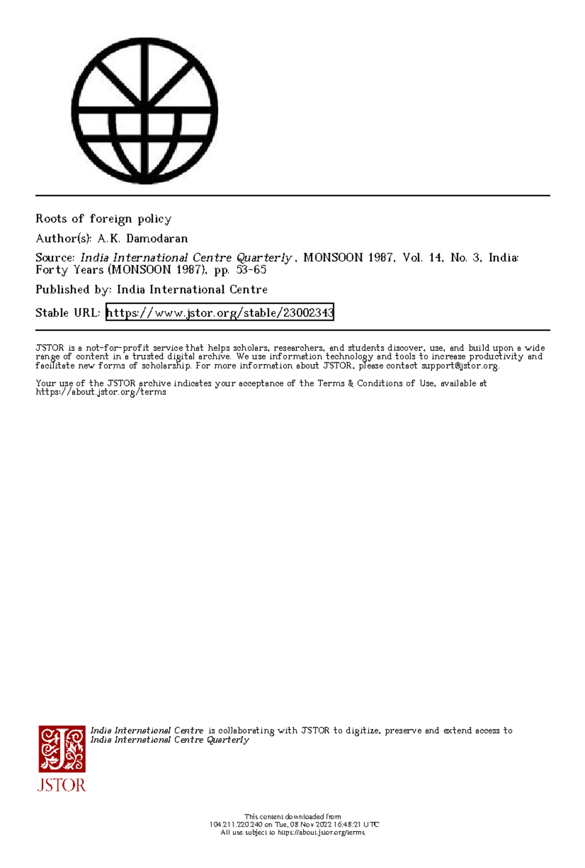 A.K. Damodaran - Understanding Roots of Foreign Policy (1987) - Studocu