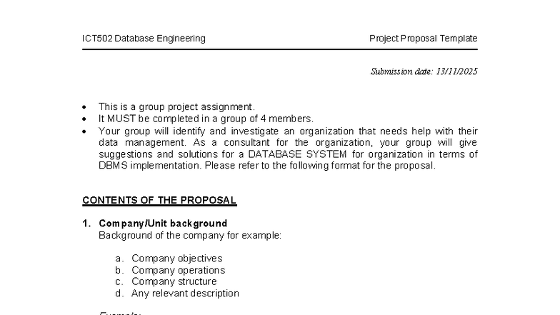 ICT502 Database Engineering Project Proposal Guidelines - Studocu
