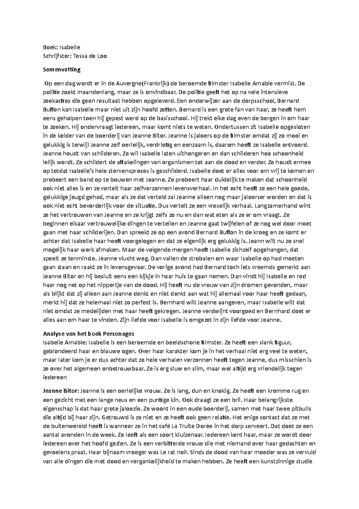 Isabelle - Samenvatting en Analyse van het Boek van Tessa de Loo ...