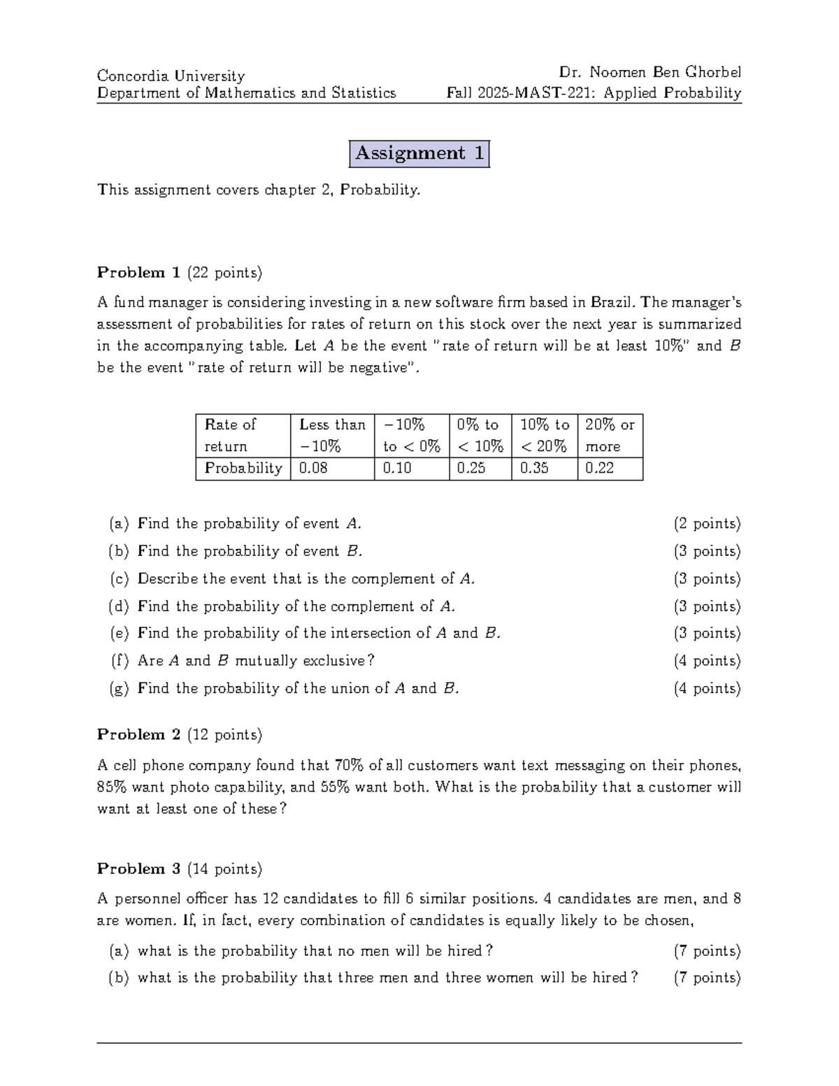 MATH 25: Fall Applied Probability Assignment 1 - Key Problems - Studocu