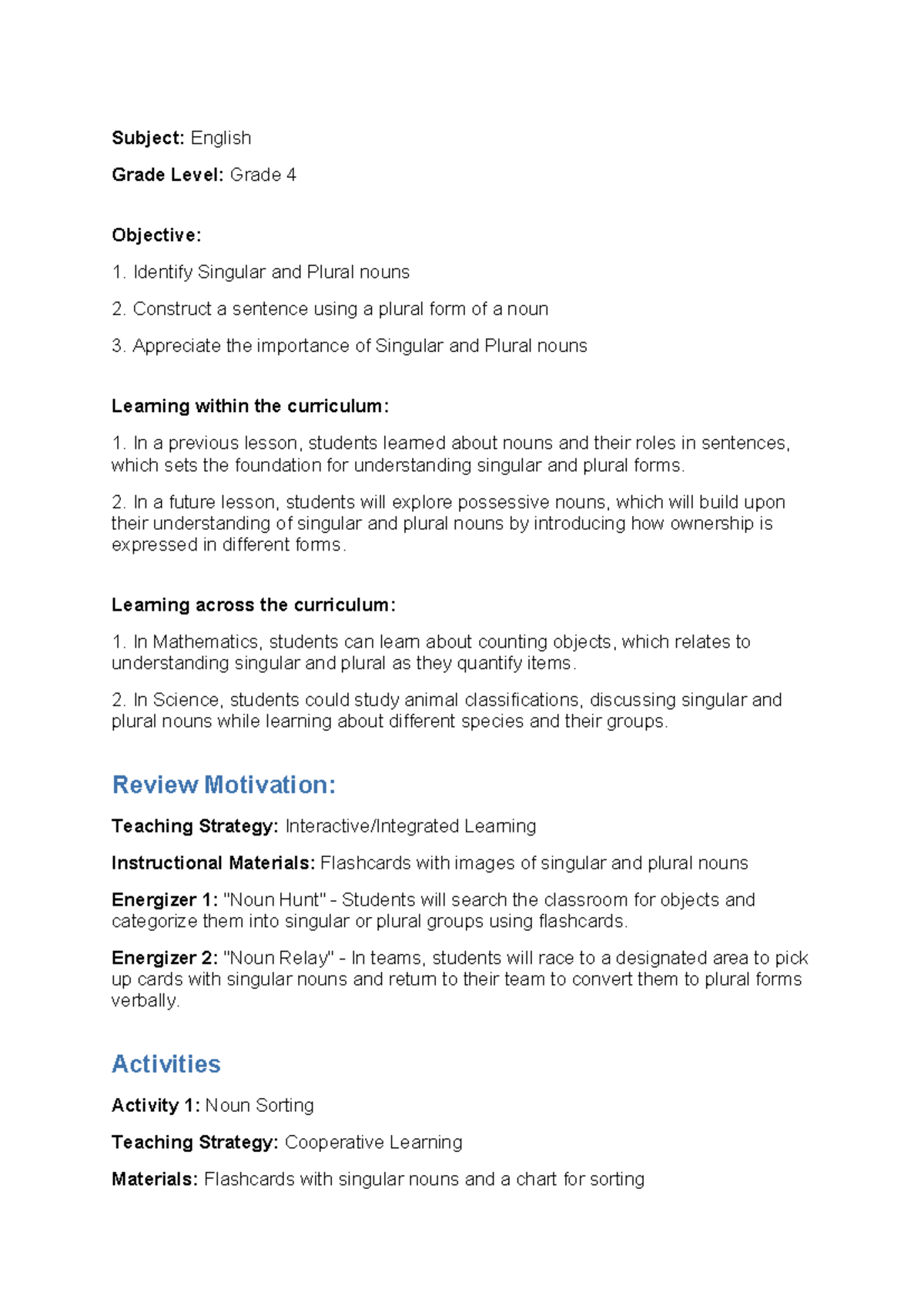 Lesson Plan: Singular and Plural Nouns for Grade 4 (ENG 101) - Studocu