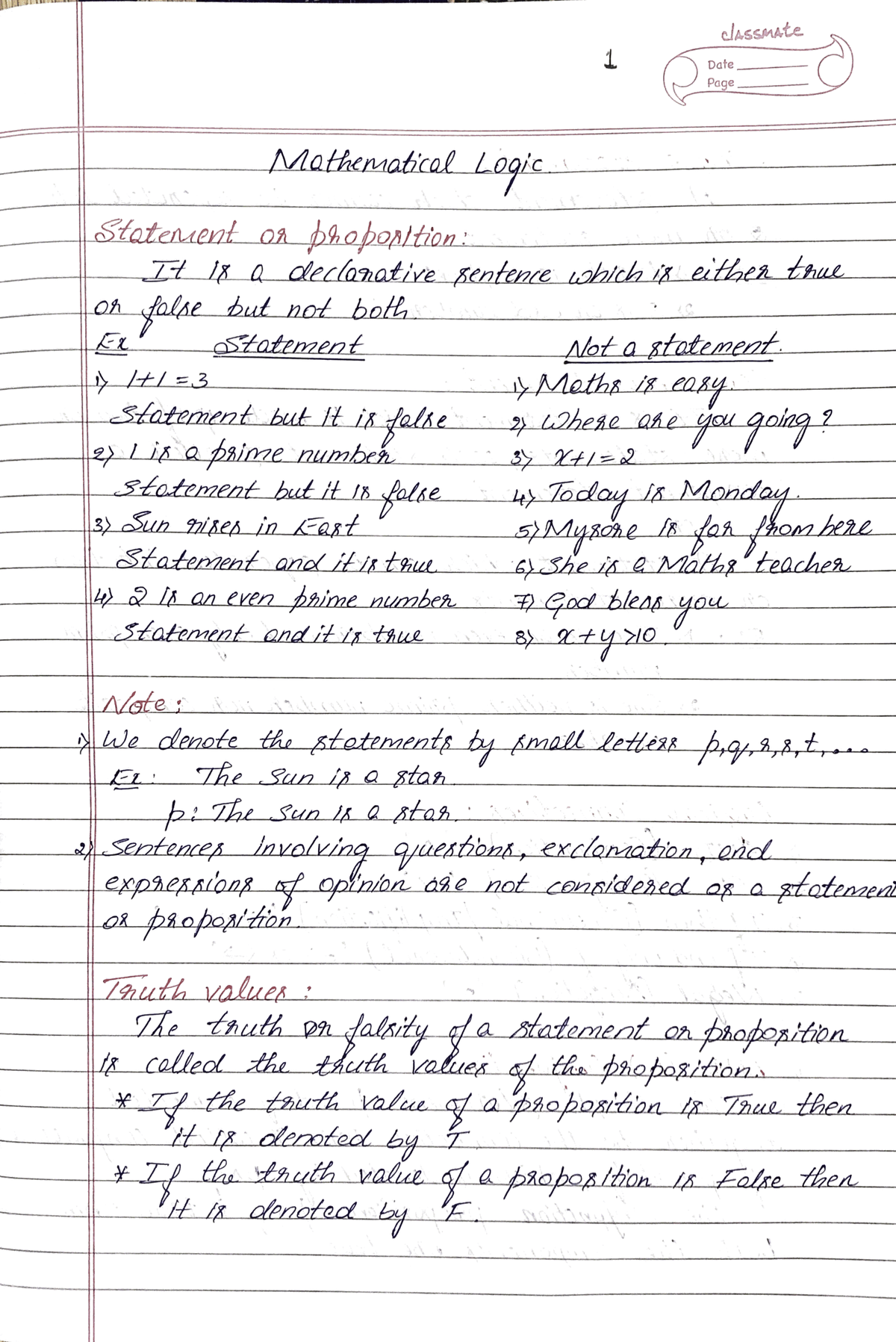 Unit 1 - Mathematical logic (theory notes) - classmate 1 Date Page ...