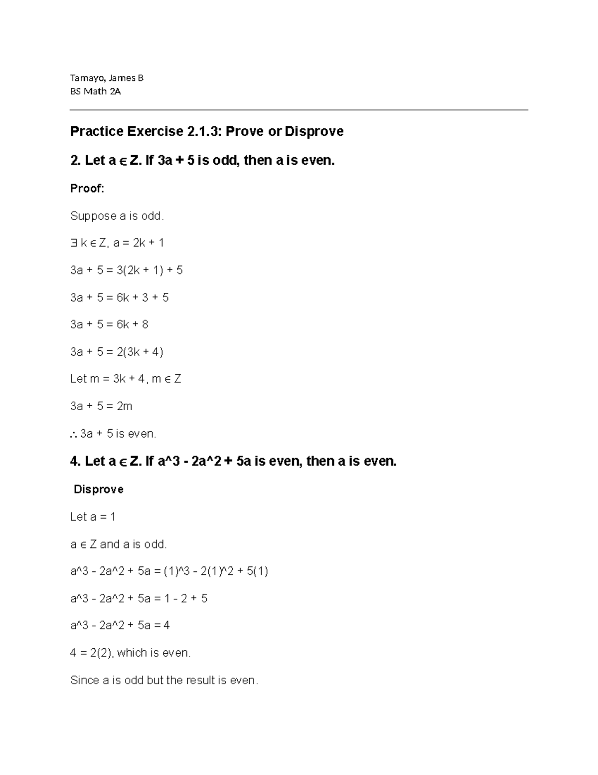 BS Math 2A Practice Exercises: Prove or Disprove Concepts - Studocu