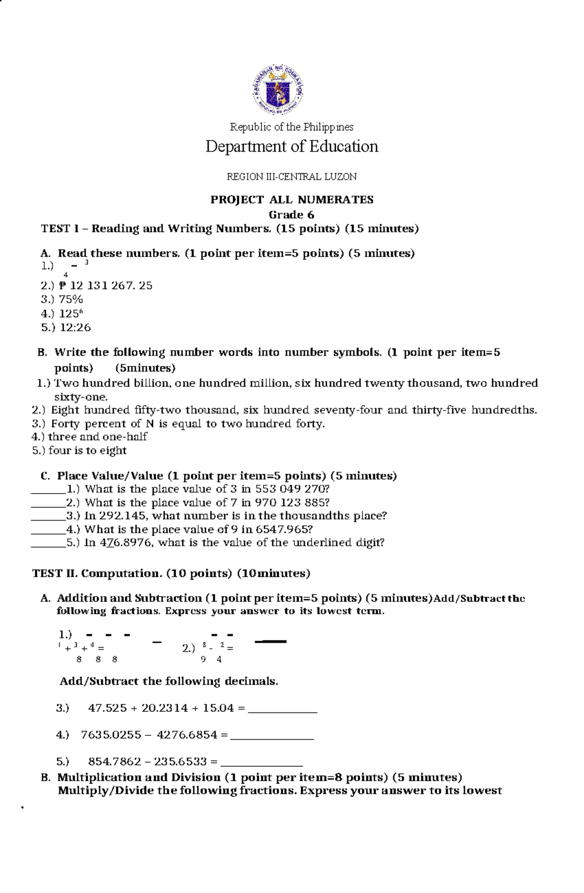 Project all numerates grade 6 - Republic of the Philippines Department ...
