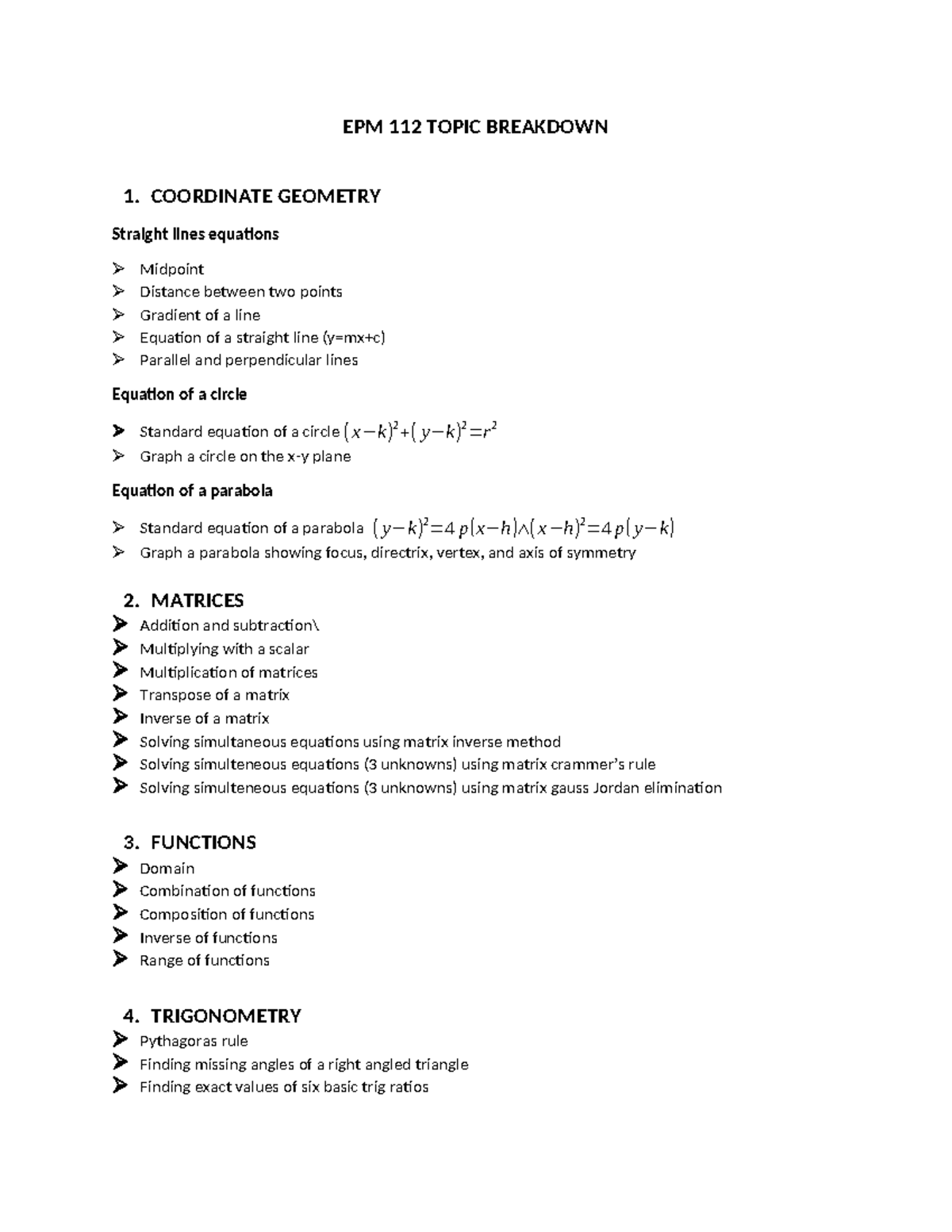 EPM 112 Topic Breakdown: Coordinate Geometry, Matrices, Functions ...