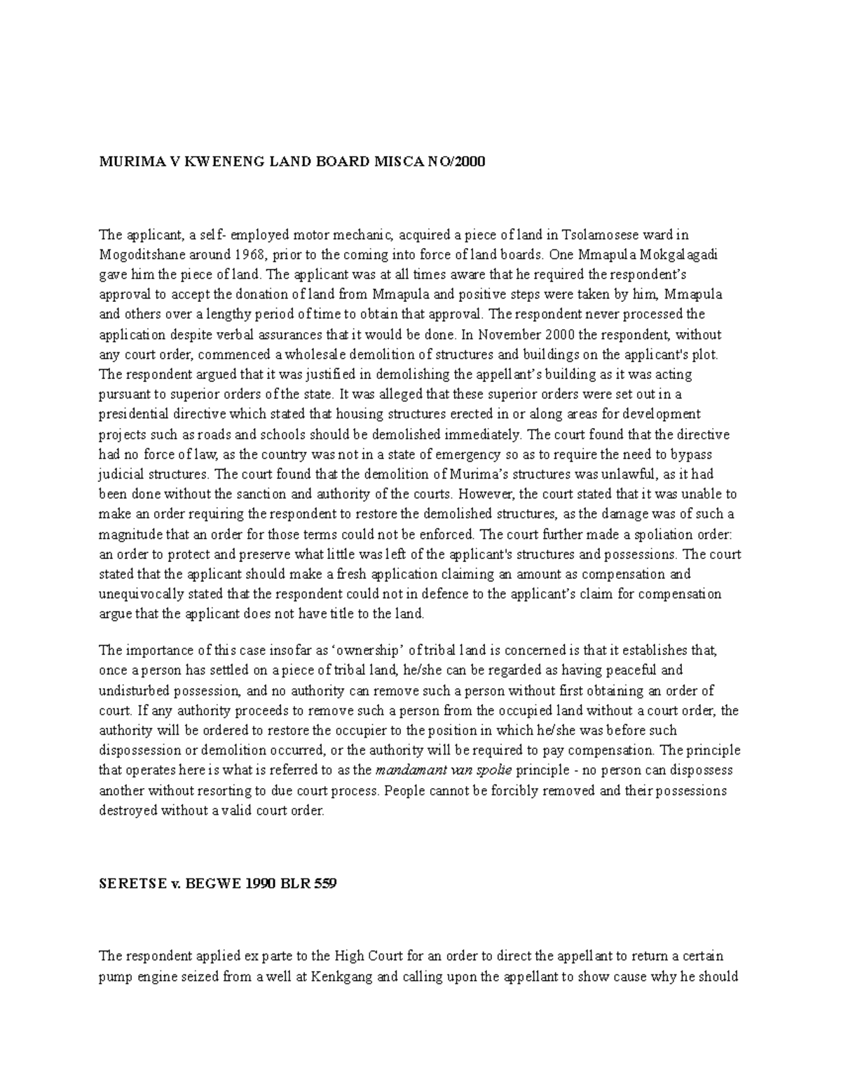 Possession LLB Cases: Analysis of Murima v Kweneng Land Board - Studocu