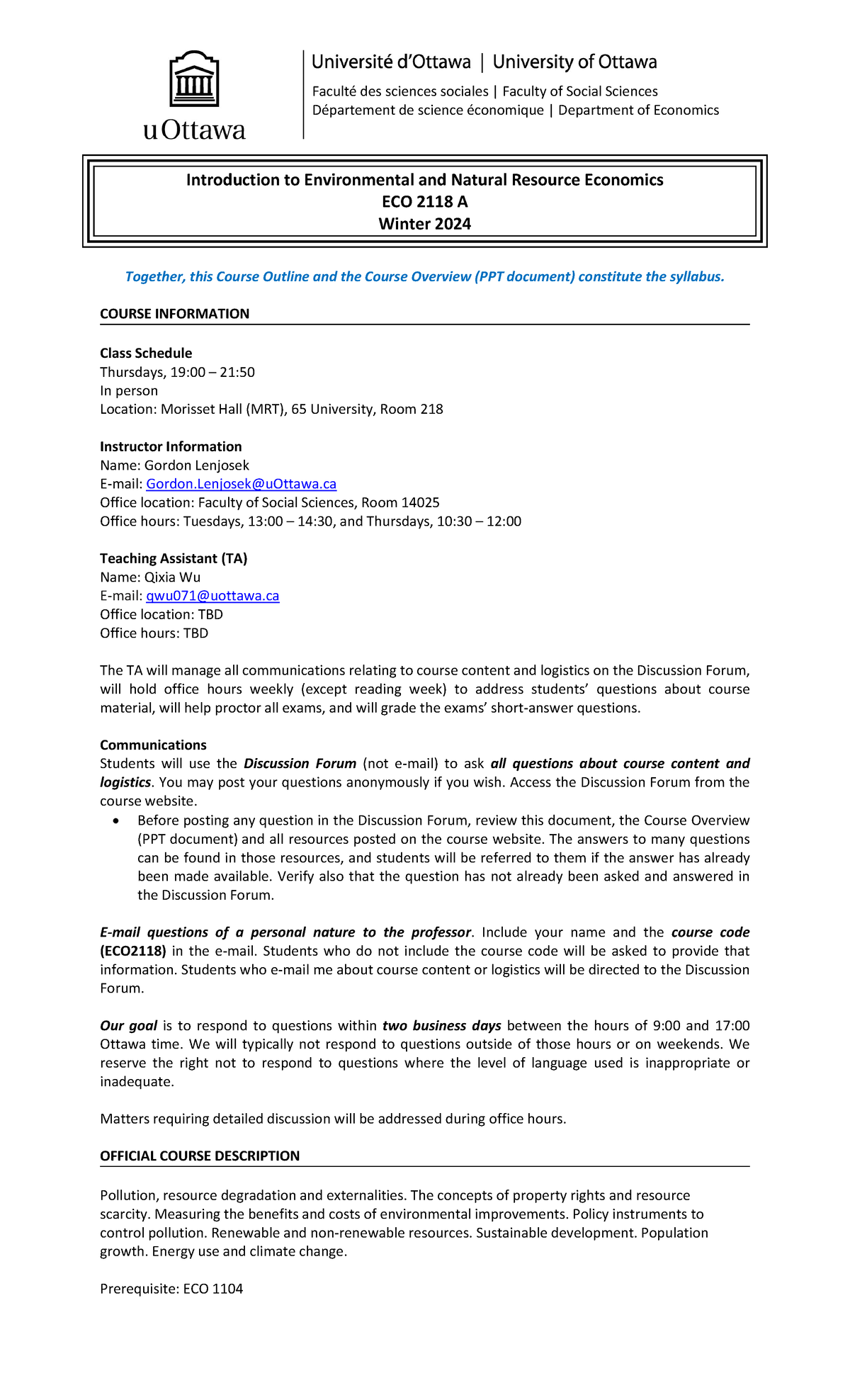 ECO2118 A Course Outline: Intro to Environmental Economics, Winter 2024 ...