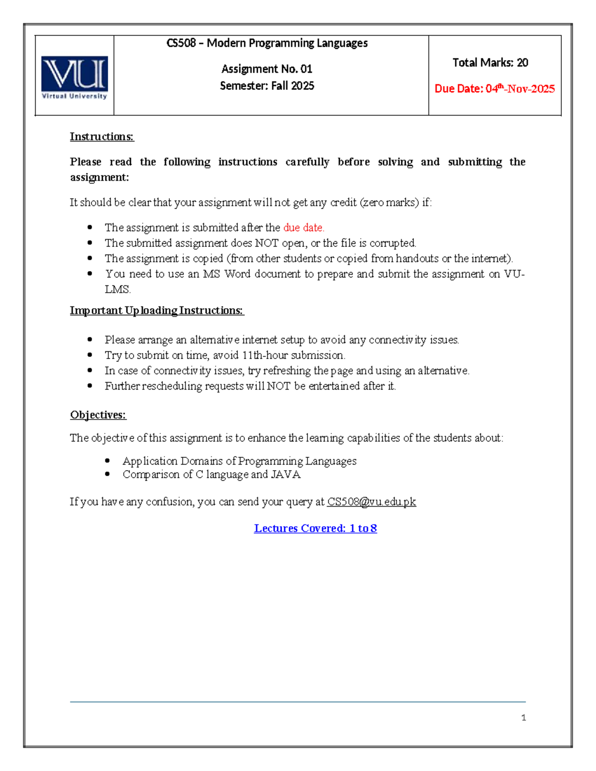 CS508 Modern Programming Languages Assignment 01 - Fall 2025 - Studocu