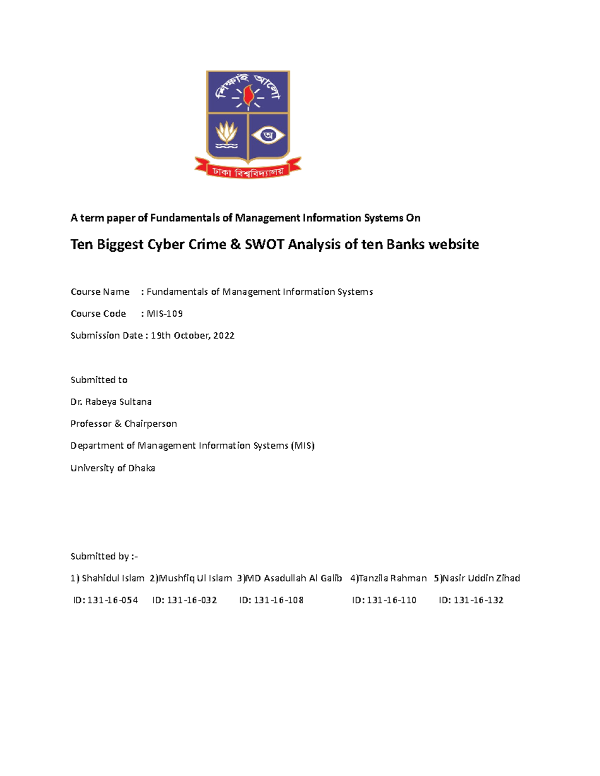 MIS Final Term Paper: Cyber Crime & SWOT Analysis of 10 Banks - Studocu
