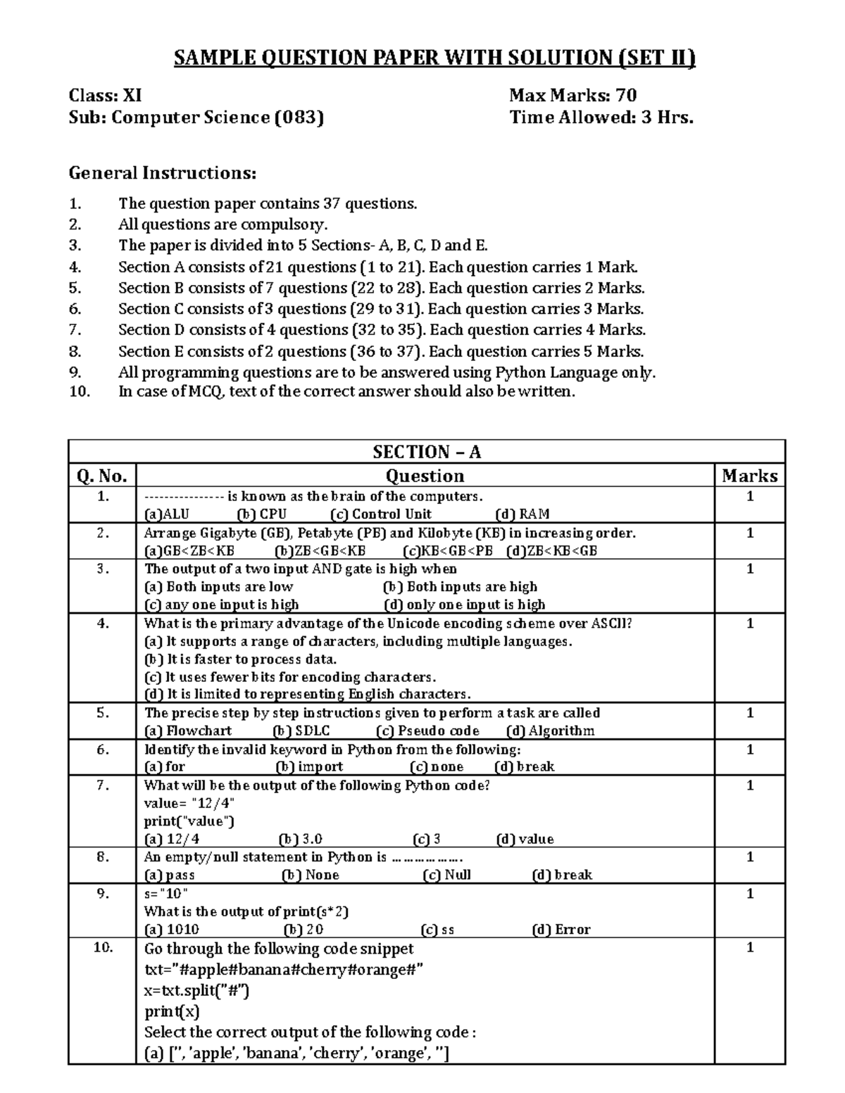 Class XI Computer Science (083) Sample Question Paper with Solutions - Studocu