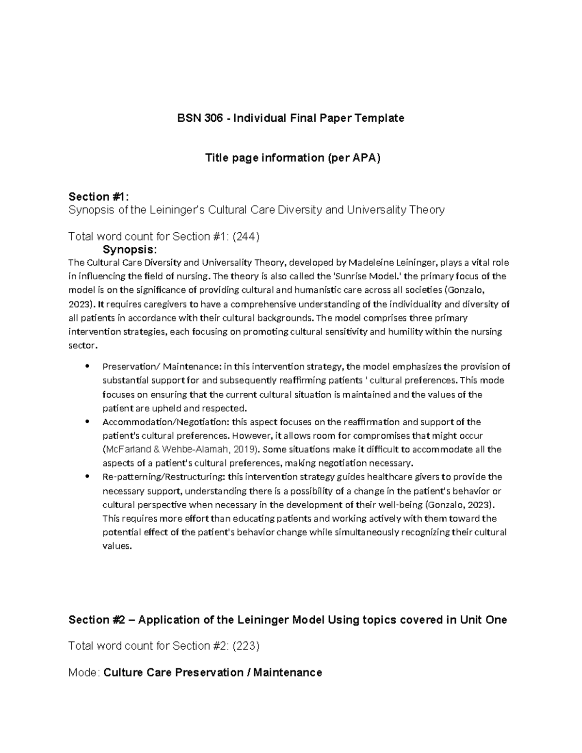 BSN 306 - Individual Final Paper Template on Leininger's Theory - Studocu