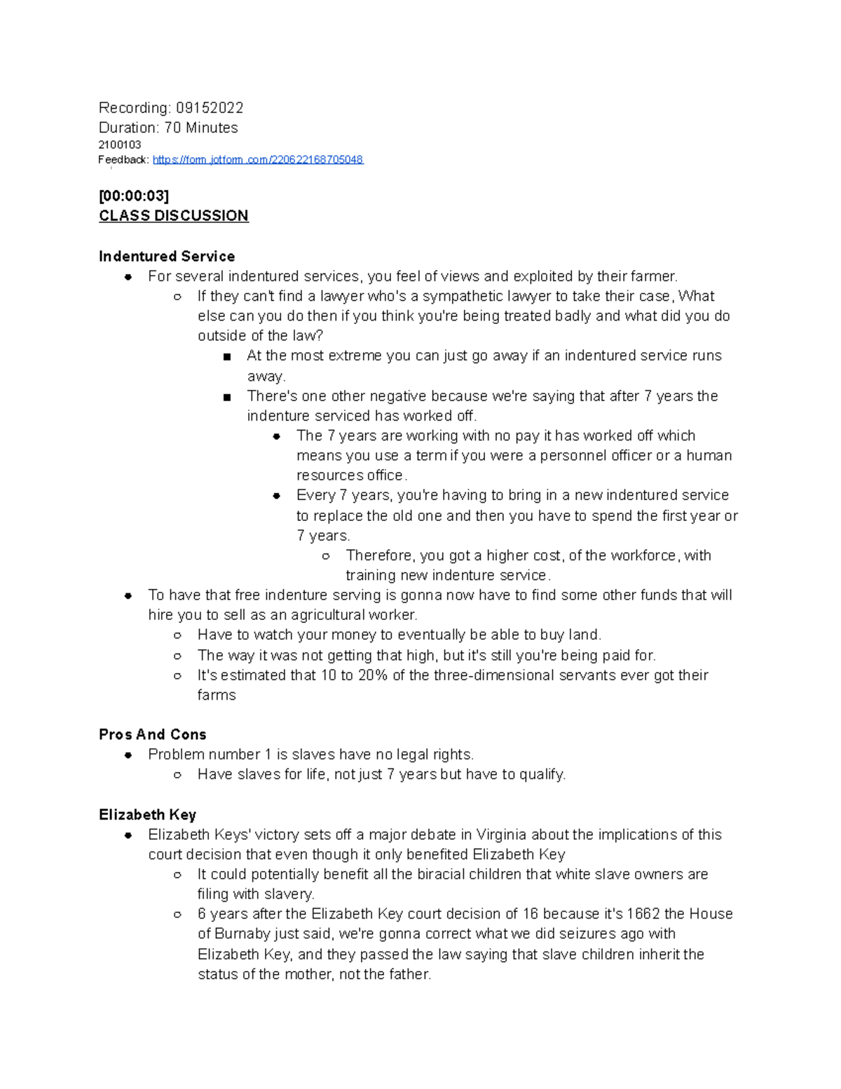 09152022 - Lecture Notes on Indentured Servitude and Slavery - Studocu
