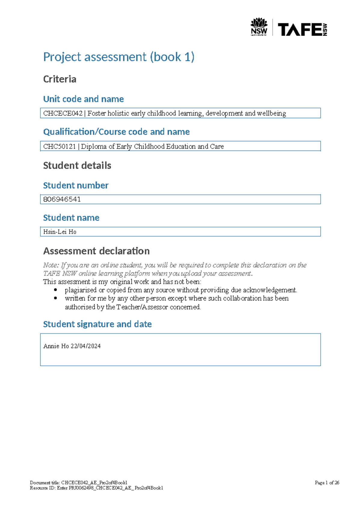 Chcece 042 AE Pro2of4Book1 - Project assessment (book 1) Criteria Unit ...