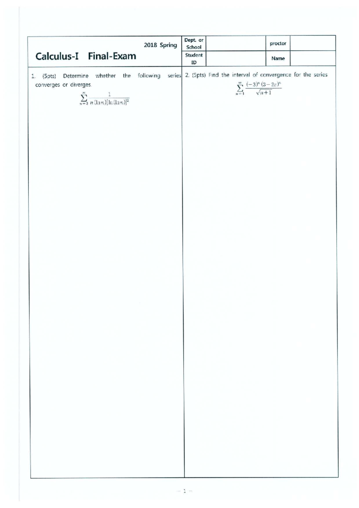 2018 Spring Math Midterm Exam: Series Convergence & Area Calculations ...