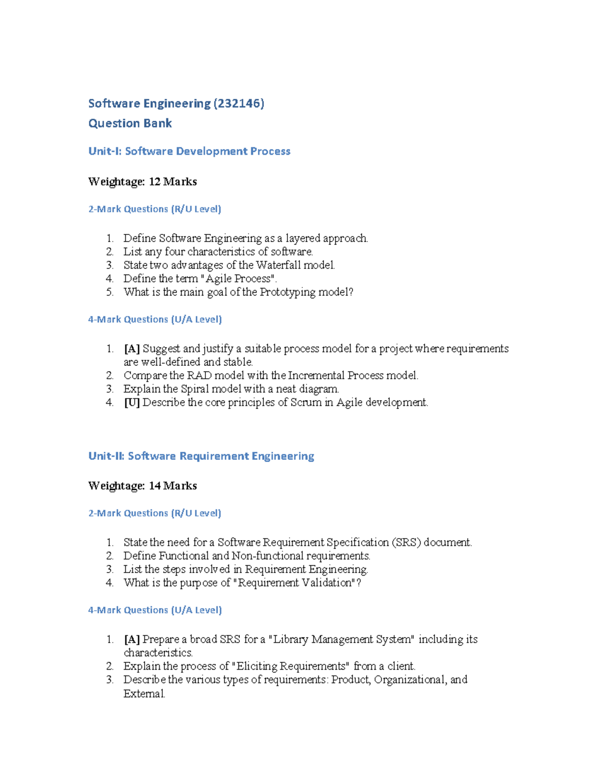 Software Engineering (232146) Comprehensive Question Bank - Studocu