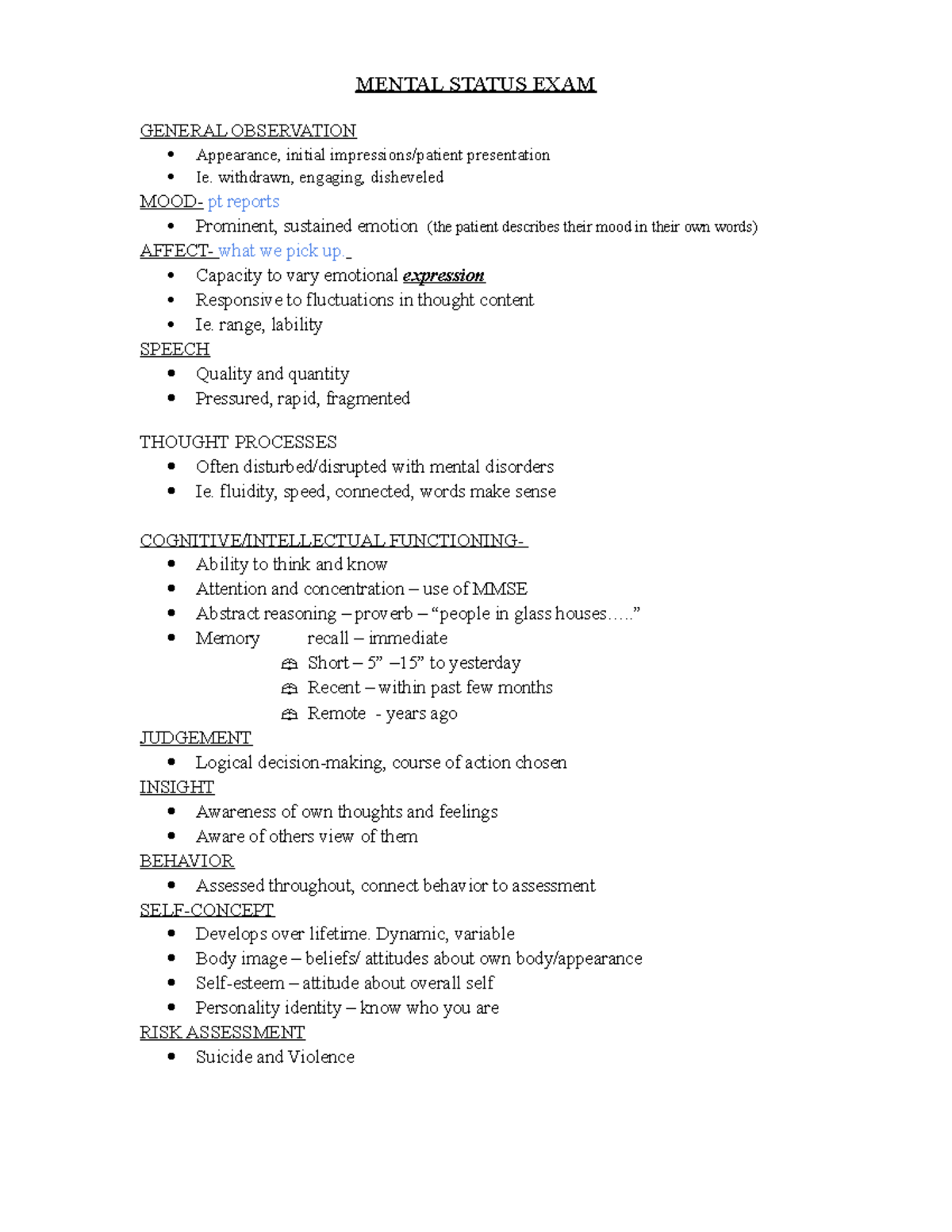 Mental status exam - Terminology sheet - MENTAL STATUS EXAM GENERAL ...