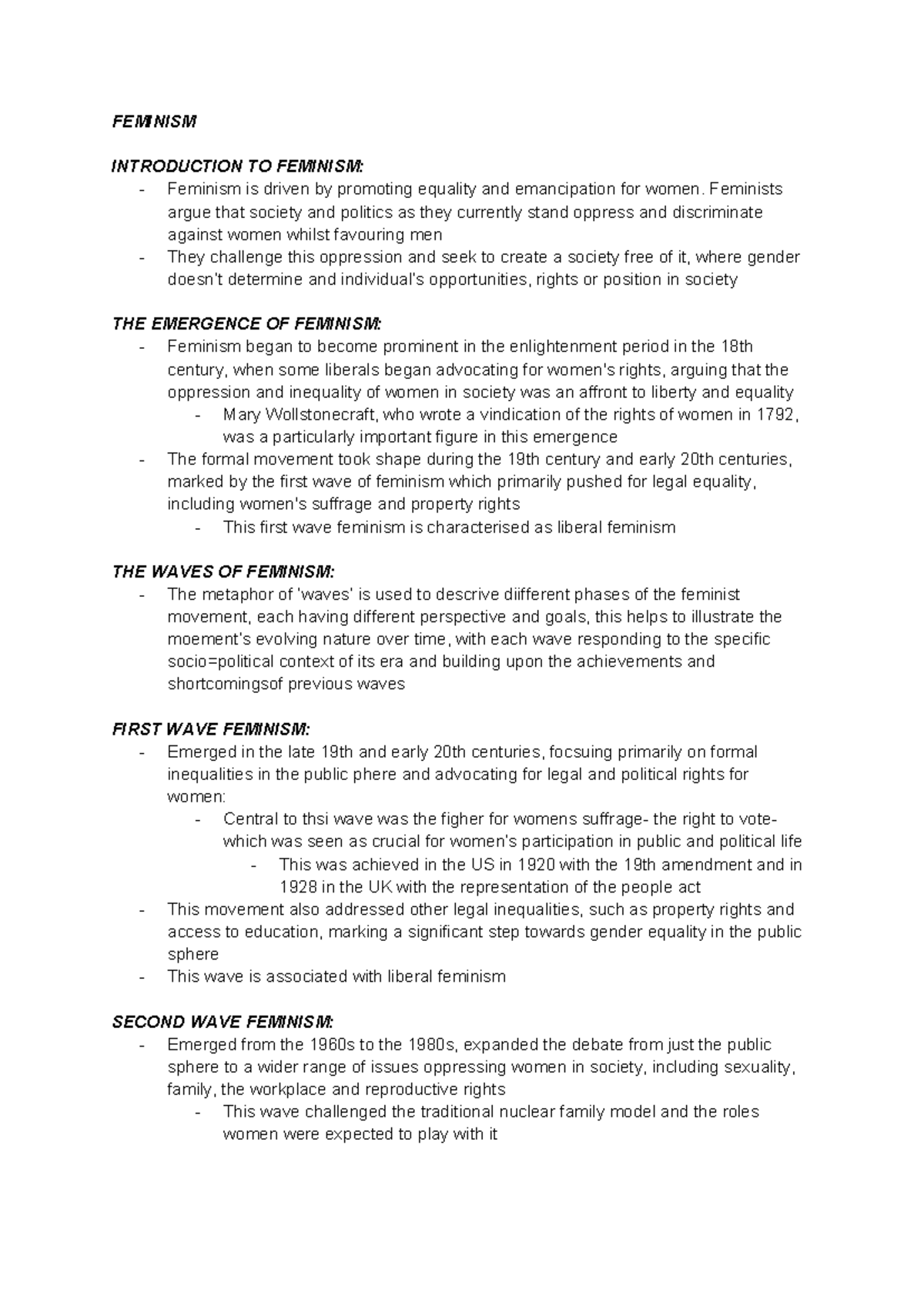 Feminism: Waves, Origins, and Key Figures - A Comprehensive Study - Studocu