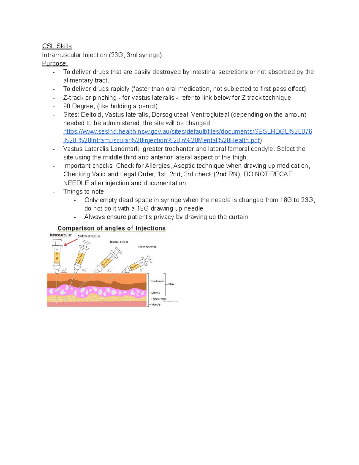 CSL Skills: Intramuscular Injection Techniques and Guidelines - Studocu