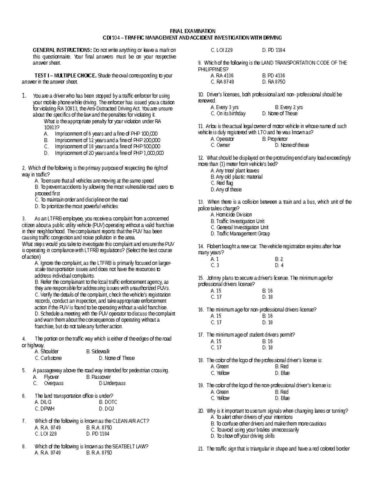 CDI 104 TQ - crime investigation - FINAL EXAMINATION CDI 104 – TRAFFIC ...