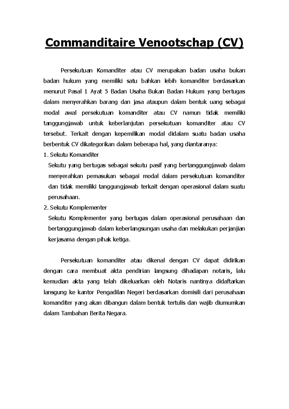 35. Penjelasan Lengkap tentang Commanditaire Venootschap (CV) - Studocu