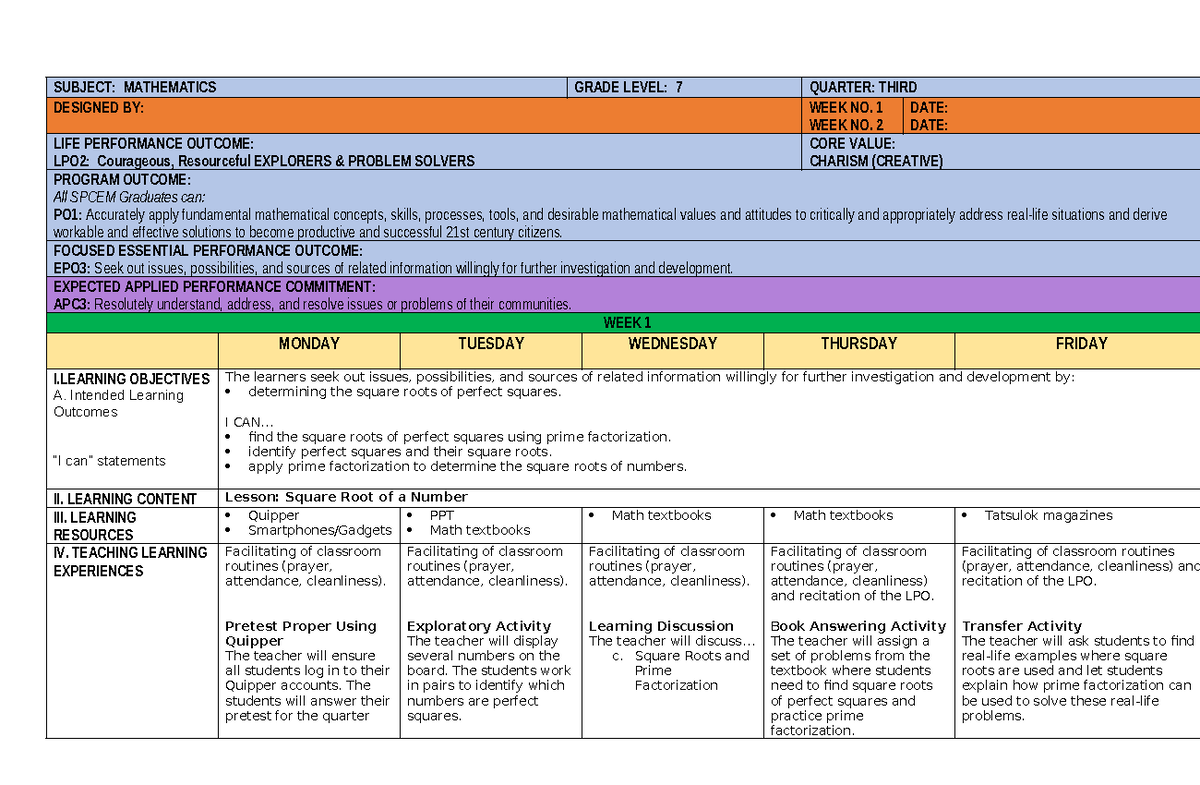LESSON LOG MATH7 Q3 W1 & W2 - SUBJECT: MATHEMATICS GRADE LEVEL: 7 ...