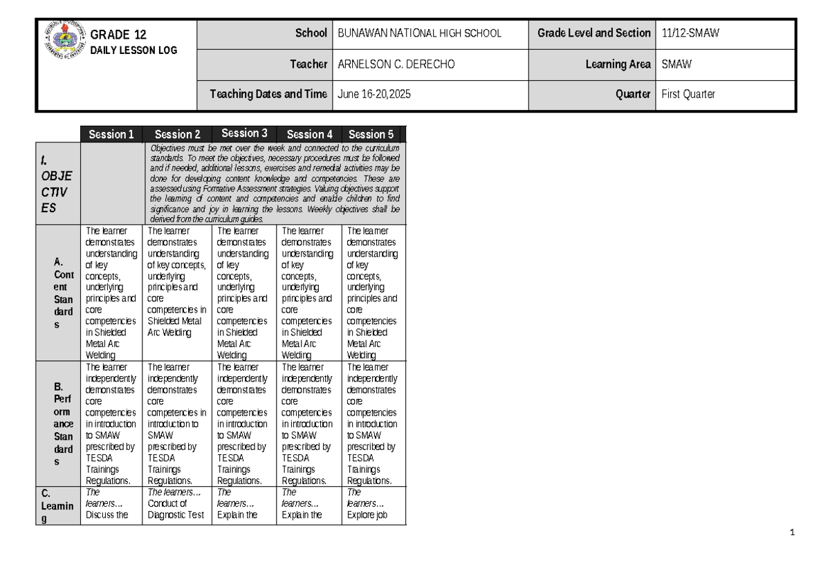 GRADE 12 DLL: Weekly Lesson Log for SMAW (June Session) - Studocu