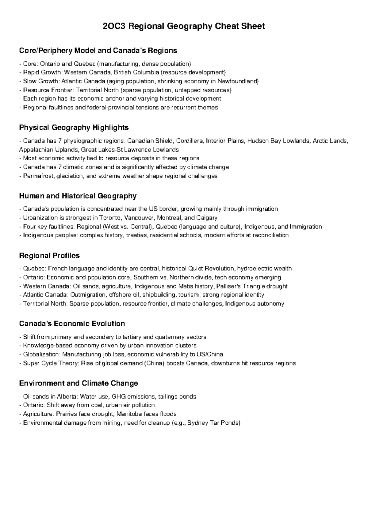 2OC3 Regional Geography Cheat Sheet: Economic and Environmental ...