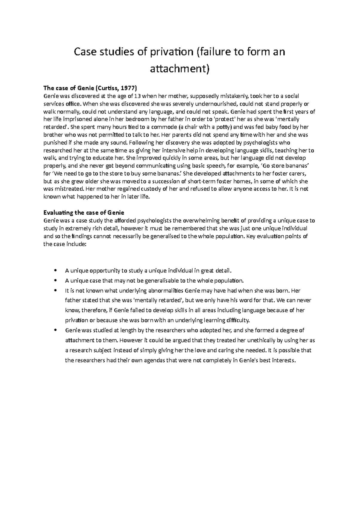 Case Studies of Privation: Genie and the Czech Twins Analysis - Studocu