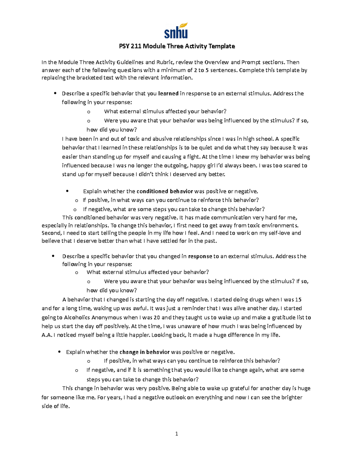 PSY 211 Module Three Activity Template - Then answer each of the ...