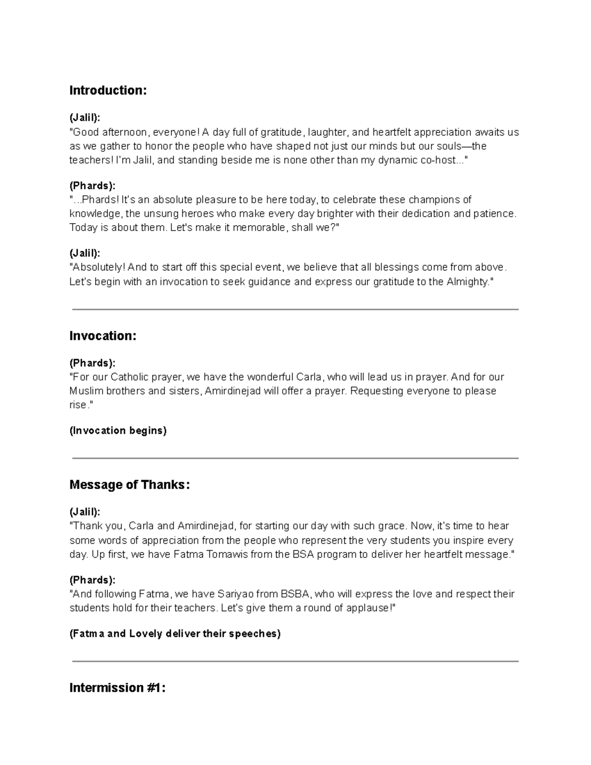 Teachers-Day-Script - Script - Introduction: (Jalil): "Good afternoon ...