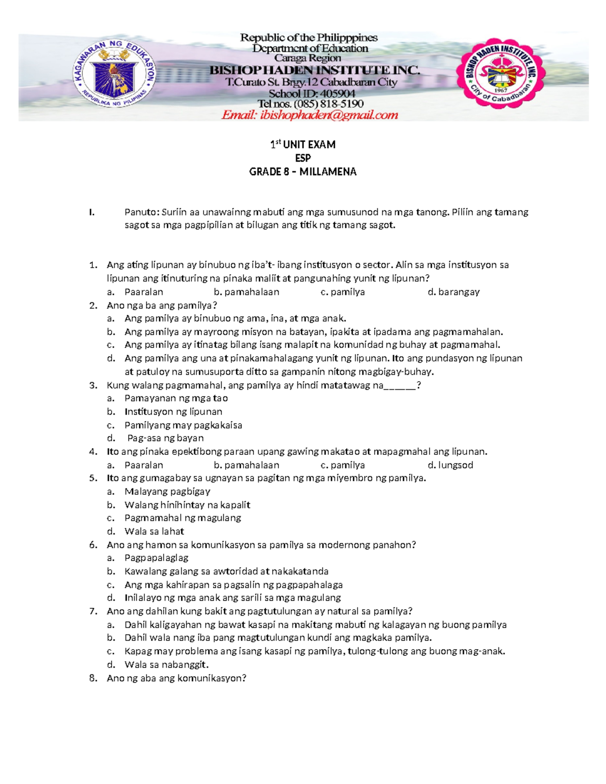 G8 ESP 1st Unit Exam Notes: Understanding Family and Society - Studocu