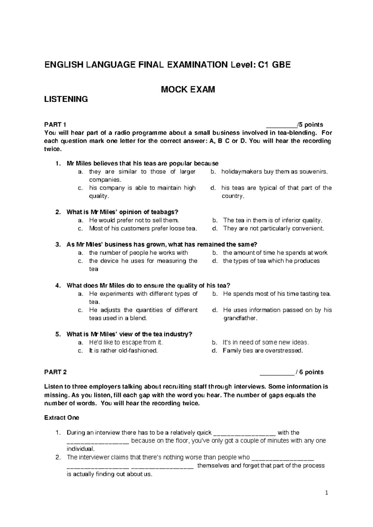 C1 GBE English Language Mock Exam - Listening, Reading & Grammar - Studocu