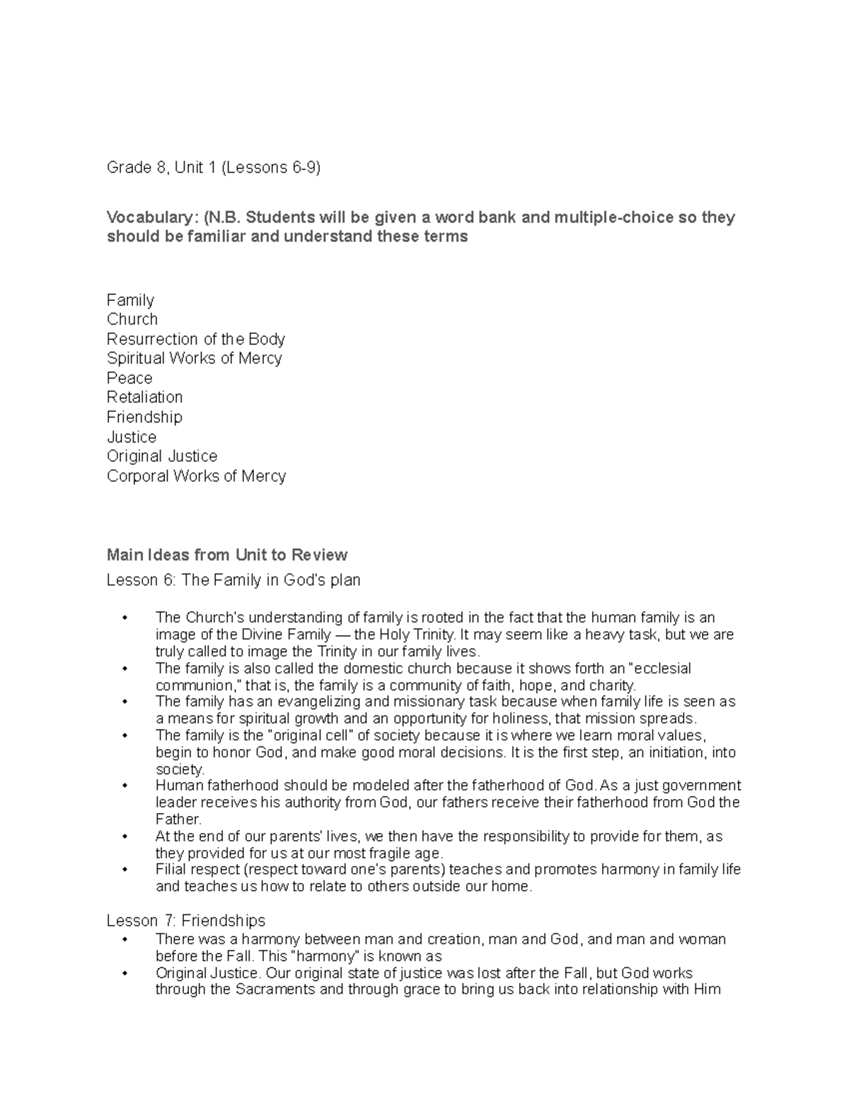 Grade 8, Unit 1 Study Guide: Lessons 6-9 on Family, Friendship, and ...
