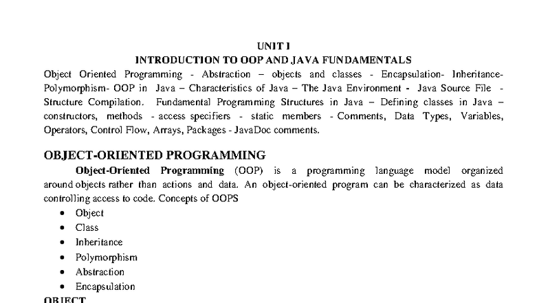 OOP & Java Fundamentals: Unit I Notes (CS101) - Studocu