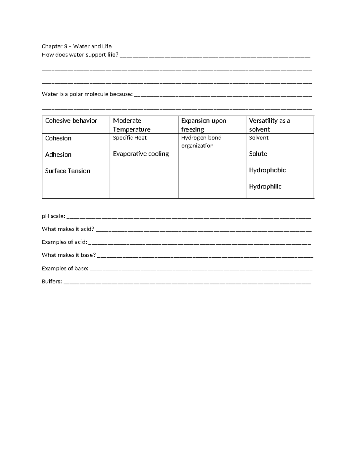 Chapter 3 - Outlines - NOtes Guide sheet - Chapter 3 – Water and Life ...