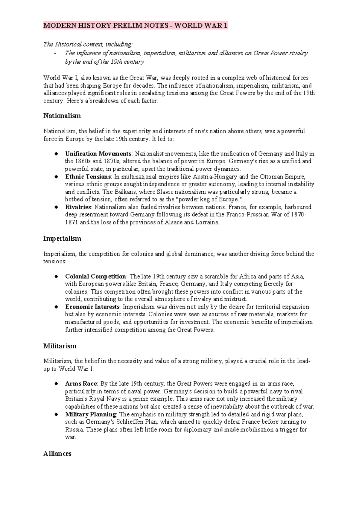 Modern History Prelim Notes: WWI Historical Context & Key Battles - Studocu