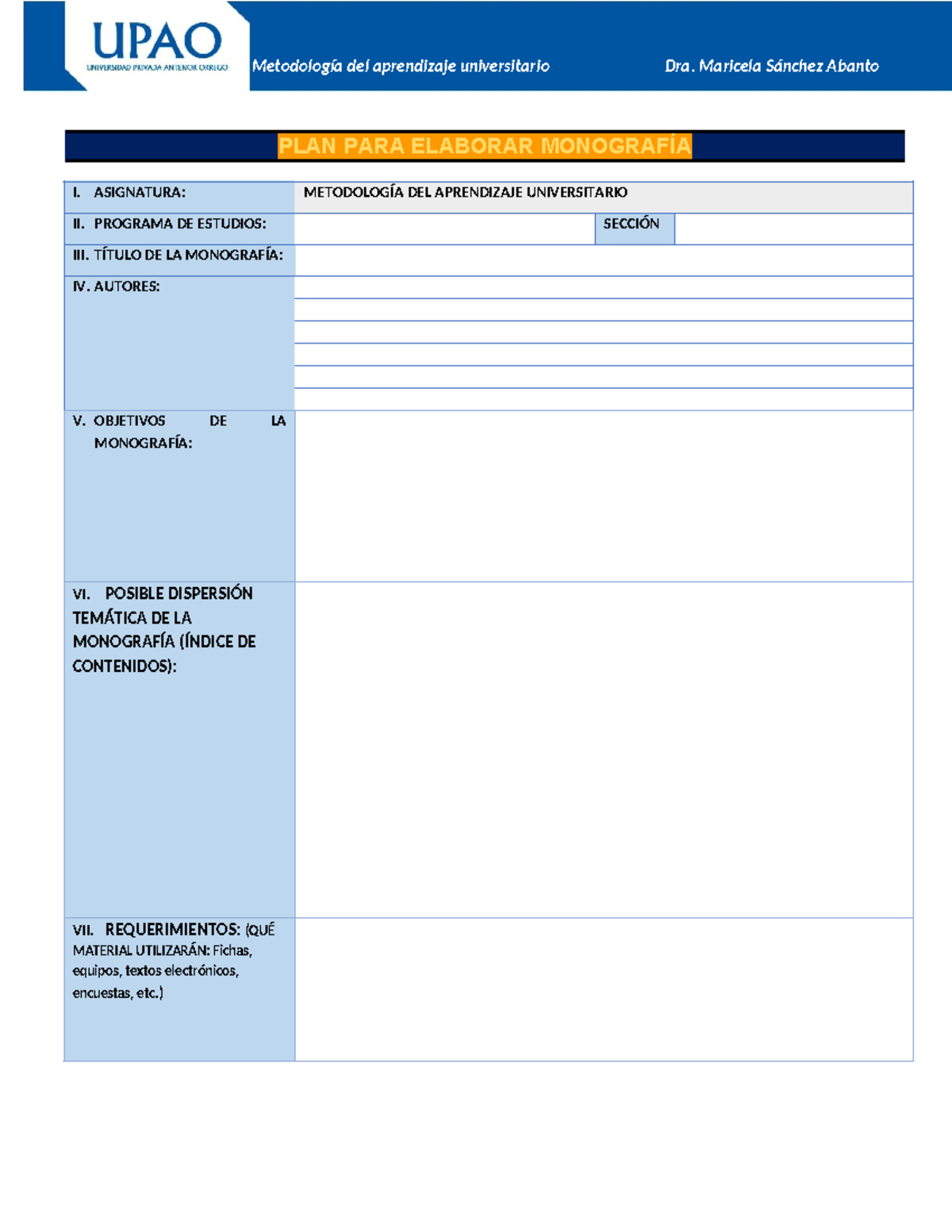 Plan para Elaborar Monografía I - Metodología del Aprendizaje ...