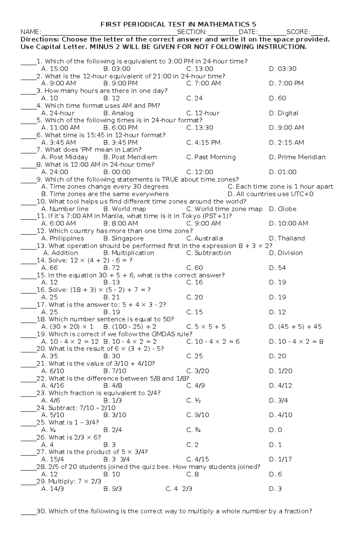 First Periodical Test in Mathematics 5 (2025) - Studocu