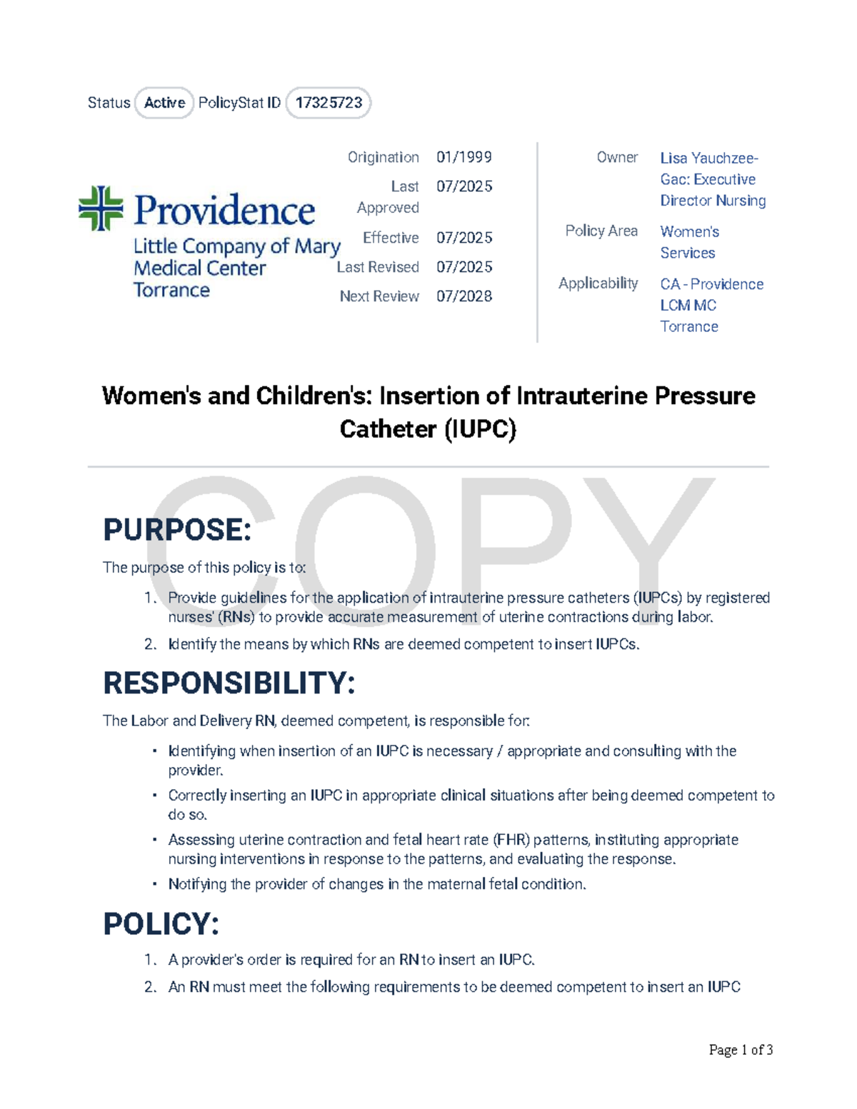 IUPC Insertion Policy for Labor and Delivery RNs - CA Providence LCM MC ...