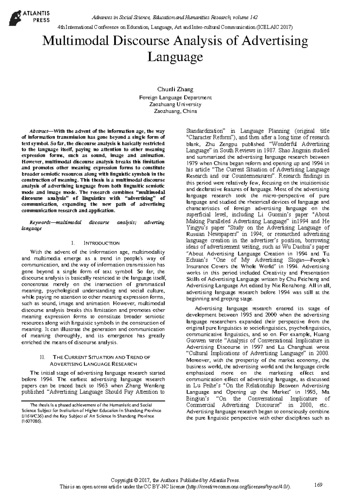 Multimodal Discourse Analysis of Advertising Language - ICELAIC 2017 ...