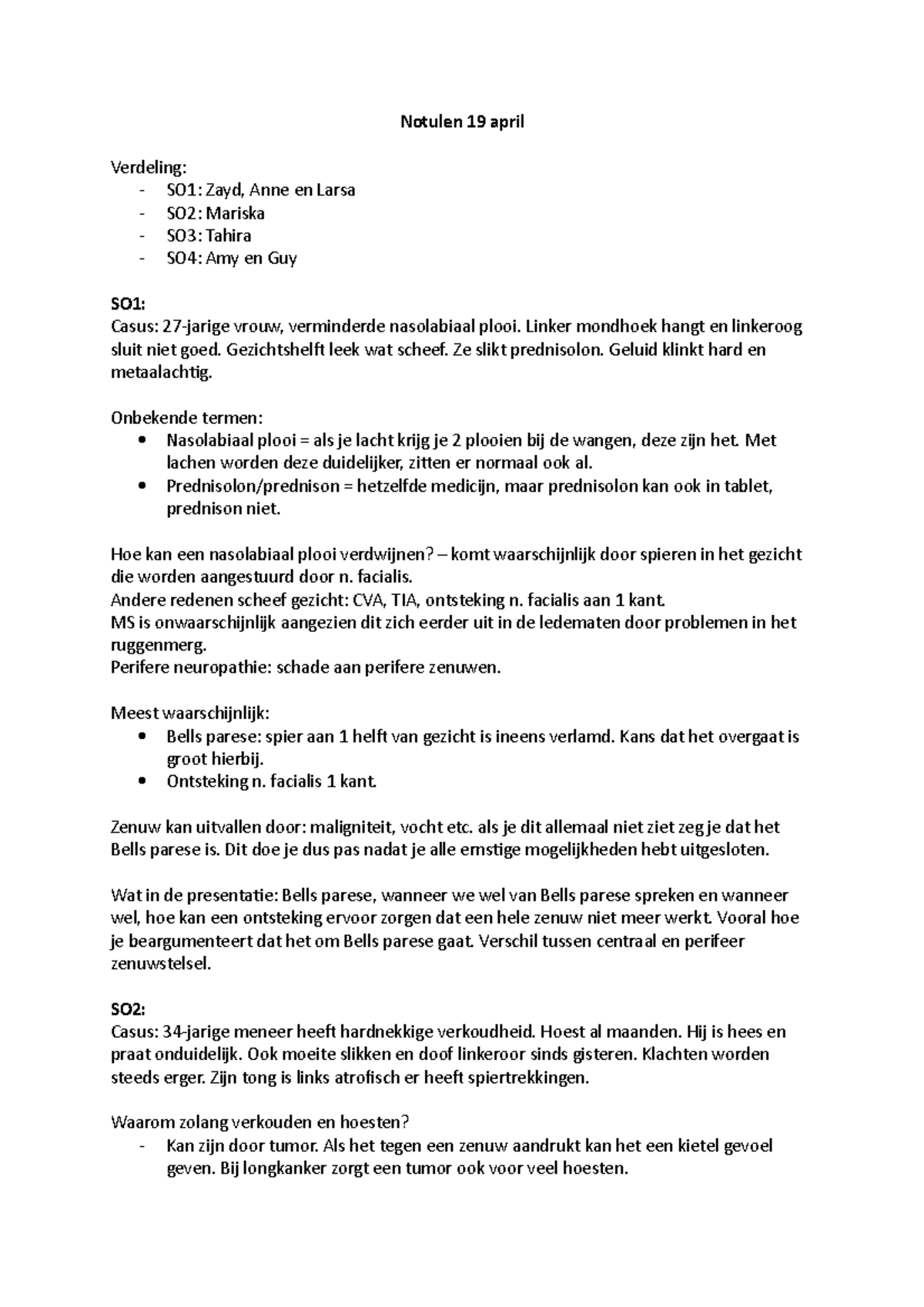 Notulen hfst. 19: Hersenen & Zintuigen SO1 t/m SO3 Casusbesprekingen ...