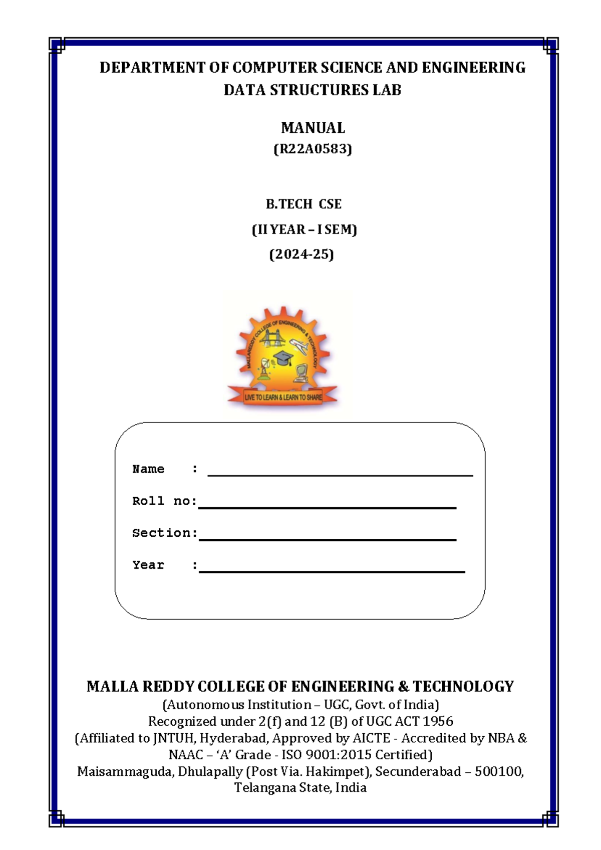 Data Structures Lab Manual (R22A0583) - B.Tech CSE II Year I Sem - Studocu
