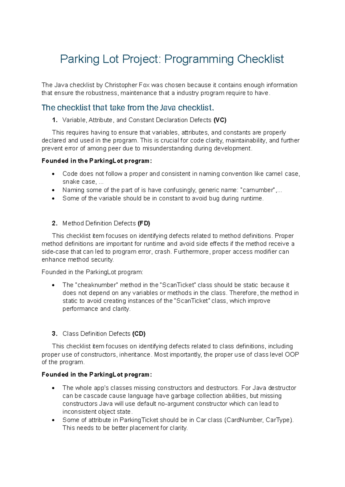 Programming checklist - Parking Lot Project: Programming Checklist The ...