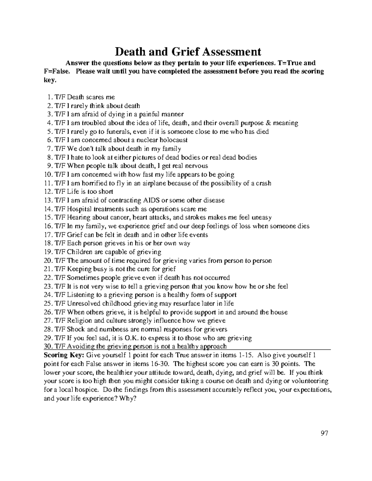 Death and Grief Assessment - 97 Death and Grief Assessment Answer the ...