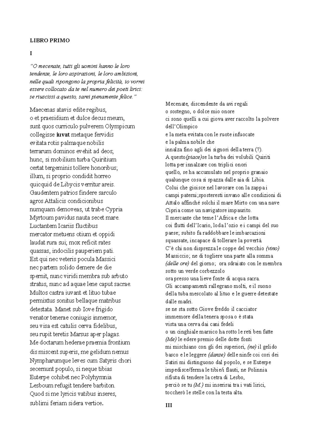 Orazio: Testo e Traduzione Libro Primo - Versi e Temi Principali - Studocu
