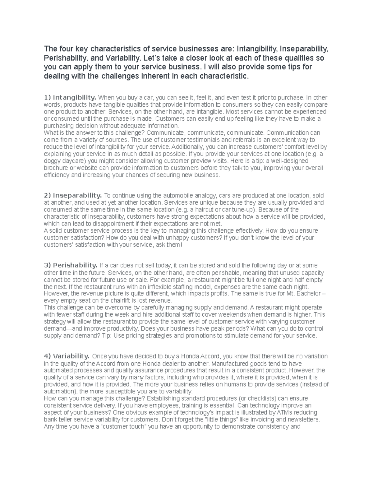 Key Characteristics of Service Businesses: Understanding Intangibility ...