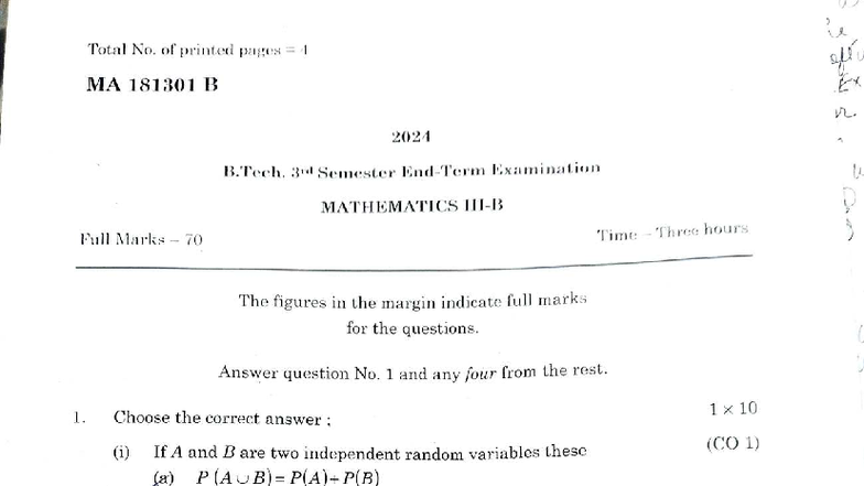MA 181301 B 2024 B.Tech. 3rd Sem Mathematics Exam Paper - Studocu