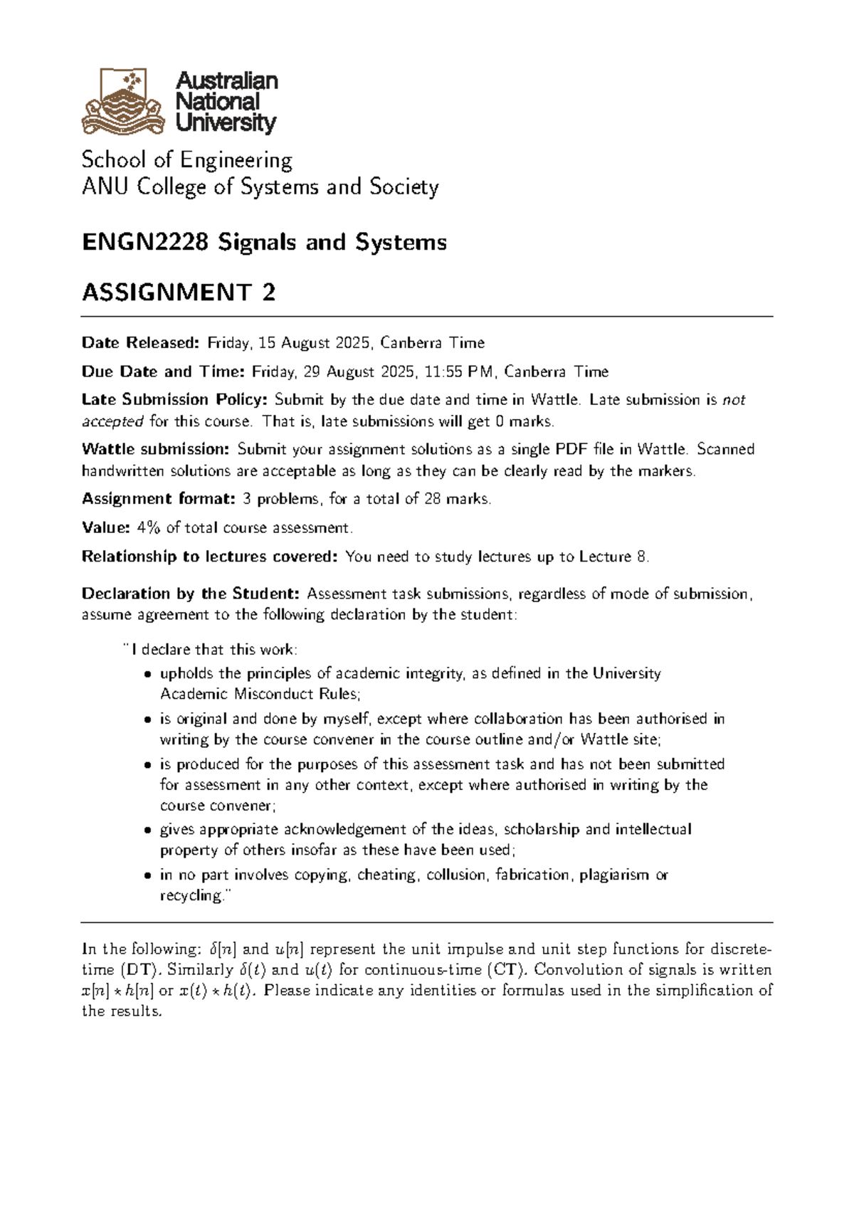 ANU 2228 Signals and Systems Assignment 2 Guidelines 2025 - Studocu