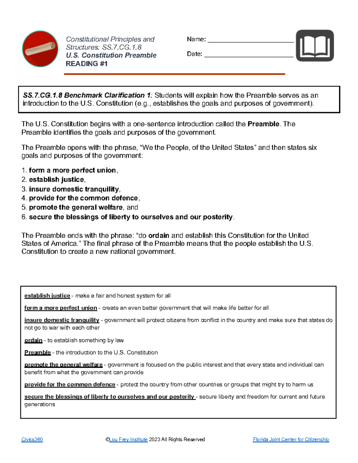 U.S. Constitution Preamble Goals & Principles Overview (SS.7.CG.1.8 ...